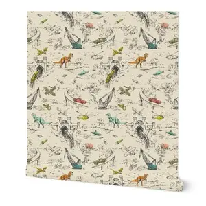 Spoonflower Adventure Toile Retro Mini Custom Pre-pasted Wallpaper - Gray,brown