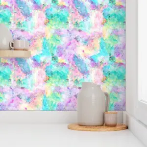 Spoonflower Abstract Soft Watercolor Paint Splatter Custom Removable Wallpaper - Rainbow