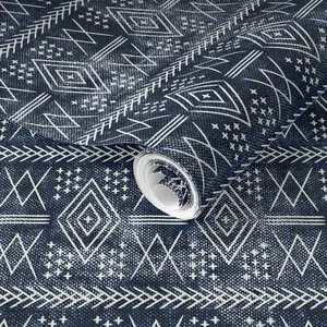 Spoonflower Vintage Moroccan Eye Luck Tribal Mudcloth Custom Removable Wallpaper - Blue
