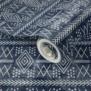 Spoonflower Vintage Moroccan Eye Luck Tribal Mudcloth Custom Removable Wallpaper - Blue