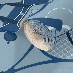 Spoonflower Tennis Gear In 100% Natural Sisal Grasscloth Wallcovering - Blue