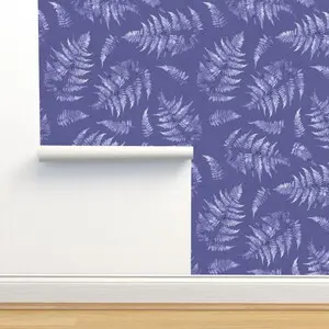 Spoonflower Lavender Ferns On Periwinkle 100% Natural Sisal Grasscloth Wallcovering