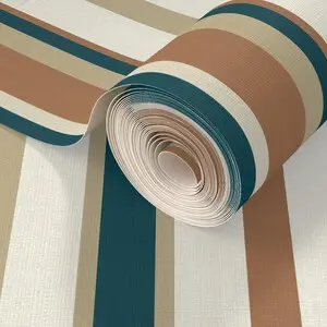 Spoonflower Teal Beige Cocoa Brown And Cream Vertical Stripe 100% Natural Sisal Grasscloth Wallcovering - White,teal,brown