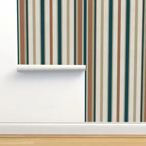 Spoonflower Teal Beige Cocoa Brown And Cream Vertical Stripe 100% Natural Sisal Grasscloth Wallcovering - White,teal,brown