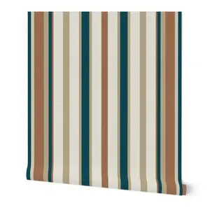 Spoonflower Teal Beige Cocoa Brown And Cream Vertical Stripe 100% Natural Sisal Grasscloth Wallcovering - White,teal,brown
