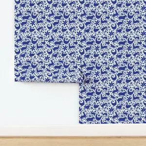 Spoonflower Mexico Cobalt White Deer Cats Spring Happy Large Custom Pre-pasted Wallpaper