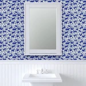 Spoonflower Mexico Cobalt White Deer Cats Spring Happy Large Custom Pre-pasted Wallpaper
