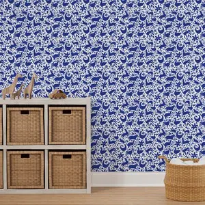 Spoonflower Mexico Cobalt White Deer Cats Spring Happy Large Custom Pre-pasted Wallpaper