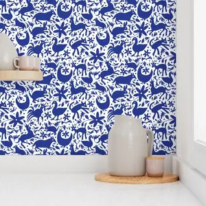 Spoonflower Mexico Cobalt White Deer Cats Spring Happy Large Custom Pre-pasted Wallpaper