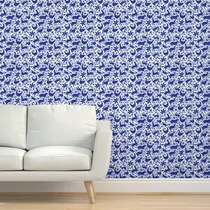 Spoonflower Mexico Cobalt White Deer Cats Spring Happy Large Custom Pre-pasted Wallpaper
