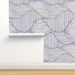 Spoonflower Geometric Dunes White Periwinkle 100% Natural Sisal Grasscloth Wallcovering - Purple,white