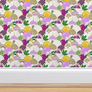 Spoonflower Holy Purple And Gold 100% Natural Sisal Grasscloth Wallcovering - Gold,yellow