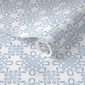 Spoonflower Blue Modern Geometric Damask And Custom Removable Wallpaper - White,blue,green