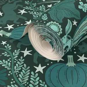 Spoonflower Harvest Halloween Damask Teal 100% Natural Sisal Grasscloth Wallcovering - Teal,blue