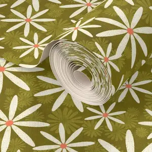 Spoonflower Ditsy Daisy Moss Large 100% Natural Sisal Grasscloth Wallcovering