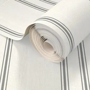 Spoonflower Gray Stripe Grey Stripes Farmhouse Ticking 100% Natural Sisal Grasscloth Wallcovering - White