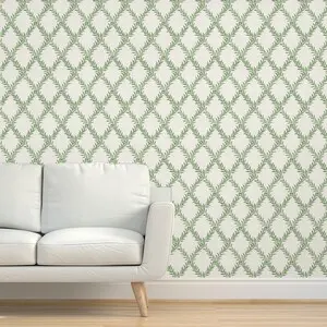 Spoonflower Erin Leafy Trellis On White 100% Natural Sisal Grasscloth Wallcovering