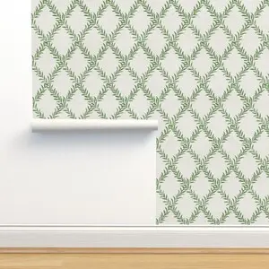 Spoonflower Erin Leafy Trellis On White 100% Natural Sisal Grasscloth Wallcovering
