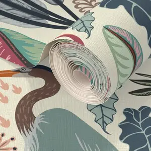 Spoonflower Heron And Plants Body Medium 100% Natural Sisal Grasscloth Wallcovering - Green