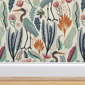 Spoonflower Heron And Plants Body Medium 100% Natural Sisal Grasscloth Wallcovering - Green