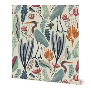 Spoonflower Heron And Plants Body Medium 100% Natural Sisal Grasscloth Wallcovering - Green