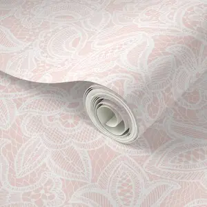Spoonflower Light Pink Lace Custom Pre-pasted Wallpaper - Pink,gray