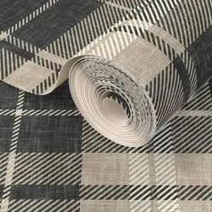 Spoonflower Fall Plaid In Charcoal Beige Lad21 100% Natural Sisal Grasscloth Wallcovering - Brown,gray