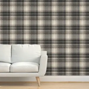 Spoonflower Fall Plaid In Charcoal Beige Lad21 100% Natural Sisal Grasscloth Wallcovering - Brown,gray