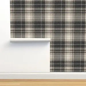 Spoonflower Fall Plaid In Charcoal Beige Lad21 100% Natural Sisal Grasscloth Wallcovering - Brown,gray