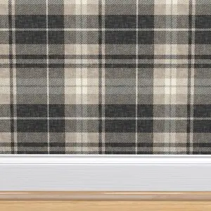 Spoonflower Fall Plaid In Charcoal Beige Lad21 100% Natural Sisal Grasscloth Wallcovering - Brown,gray