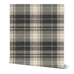 Spoonflower Fall Plaid In Charcoal Beige Lad21 100% Natural Sisal Grasscloth Wallcovering - Brown,gray