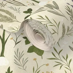 Spoonflower Greenhouse Herbs Textured Vintage Botanicals 100% Natural Sisal Grasscloth Wallcovering - Green,tan