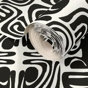 Spoonflower Tahiti Black & White 100% Natural Sisal Grasscloth Wallcovering - Black,white