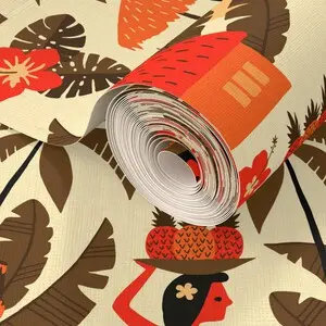 Spoonflower Hawaii Tropical Palm Tree Flower Surf Village Mid 100% Natural Sisal Grasscloth Wallcovering Brown,beige,red
