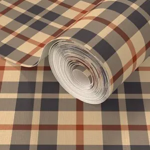 Spoonflower Fall Plaid Blue And Orange On Beige 100% Natural Sisal Grasscloth Wallcovering - Blue,orange
