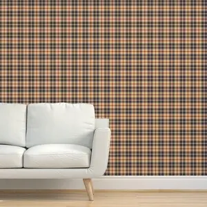 Spoonflower Fall Plaid Blue And Orange On Beige 100% Natural Sisal Grasscloth Wallcovering