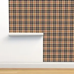Spoonflower Fall Plaid Blue And Orange On Beige 100% Natural Sisal Grasscloth Wallcovering