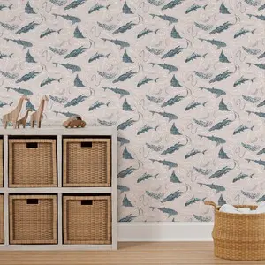 Spoonflower Pink Shark Octopus Crocodile Coral Whale Reef Custom Removable Wallpaper - Gray,blue