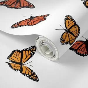 Spoonflower Monarch Butterfly Butterflies Insect Animal Custom Pre-pasted Wallpaper - White,brown,orange