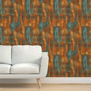 Spoonflower Farmland Copper Teal Rotate 100% Natural Sisal Grasscloth Wallcovering - Teal,blue