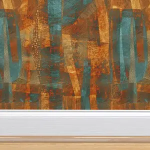 Spoonflower Farmland Copper Teal Rotate 100% Natural Sisal Grasscloth Wallcovering - Teal,blue