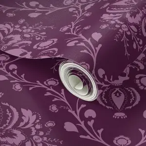Spoonflower Halloween Skull Damask Spooky Haunted Plum Custom Removable Wallpaper - Purple,pink