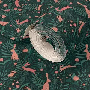 Spoonflower Enchanted Forest Woodland Rabbits Small Scale 100% Natural Sisal Grasscloth Wallcovering - Pink,green