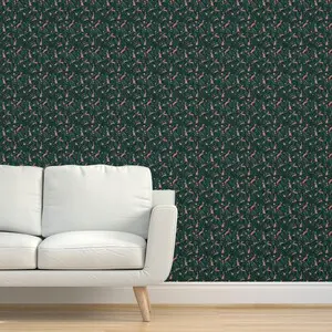 Spoonflower Enchanted Forest Woodland Rabbits Small Scale 100% Natural Sisal Grasscloth Wallcovering - Pink,green