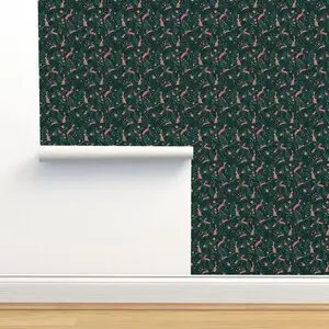 Spoonflower Enchanted Forest Woodland Rabbits Small Scale 100% Natural Sisal Grasscloth Wallcovering - Pink,green