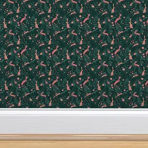 Spoonflower Enchanted Forest Woodland Rabbits Small Scale 100% Natural Sisal Grasscloth Wallcovering - Pink,green