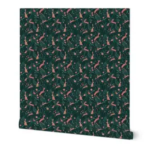 Spoonflower Enchanted Forest Woodland Rabbits Small Scale 100% Natural Sisal Grasscloth Wallcovering - Pink,green