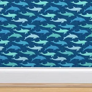 Spoonflower Dolphins Nautical Summer Beach Multi On 100% Natural Sisal Grasscloth Wallcovering - Blue