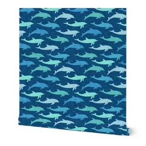 Spoonflower Dolphins Nautical Summer Beach Multi On 100% Natural Sisal Grasscloth Wallcovering - Blue