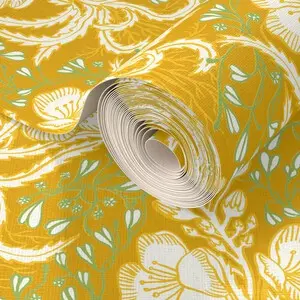 Spoonflower Feminine And Romantic Yellow Gold Floral Pattern 100% Natural Sisal Grasscloth Wallcovering Yellow,gold